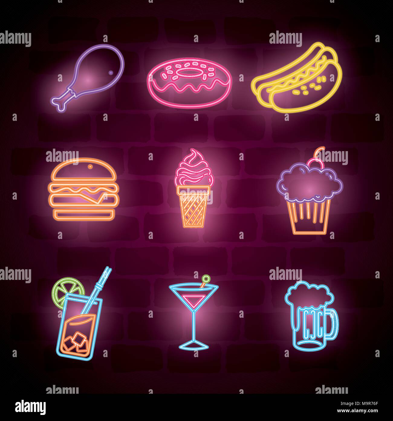 fast food and drinks with neon lights icons Stock Vector Image & Art ...