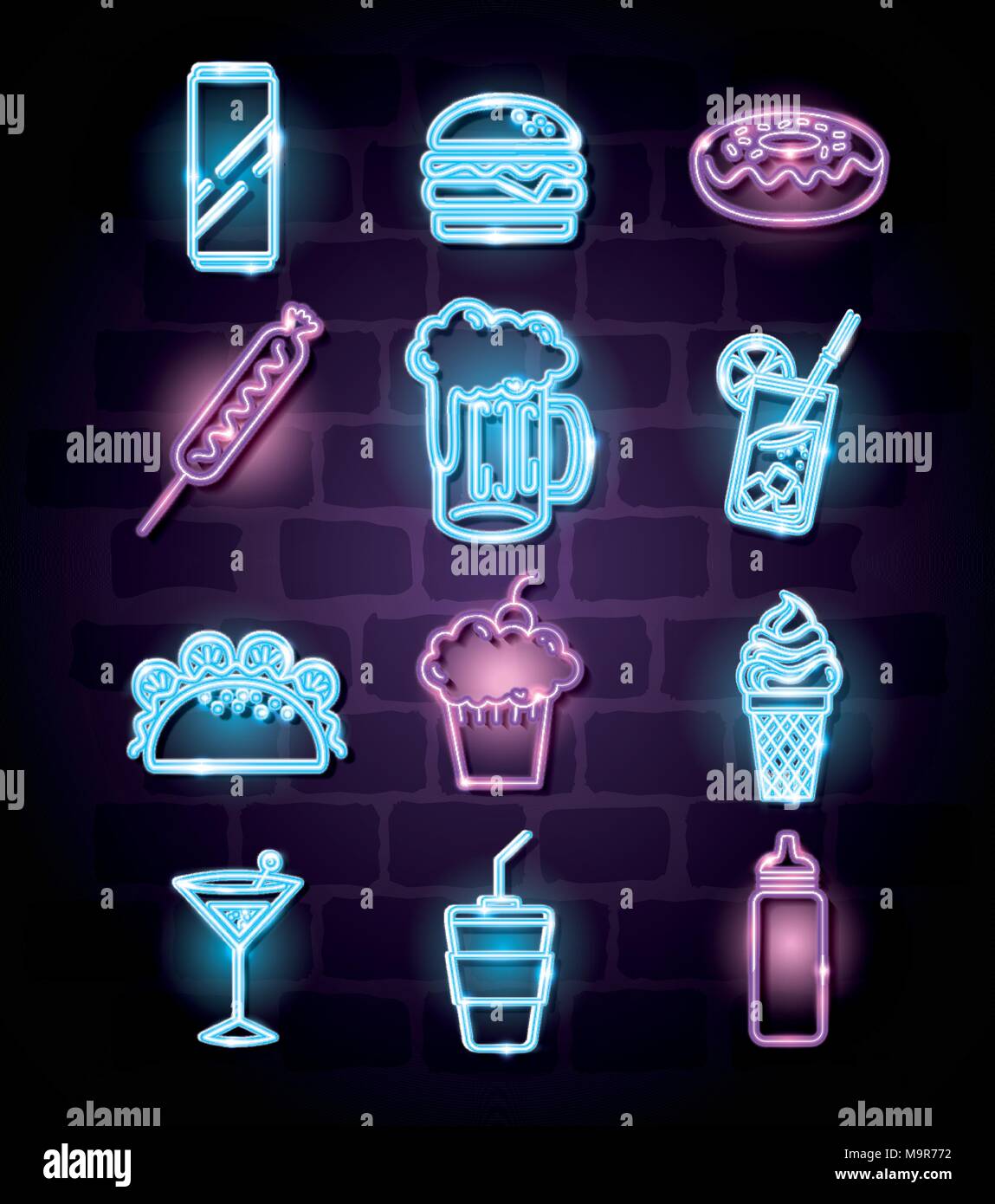 fast food and drinks with neon lights icons Stock Vector Image & Art ...