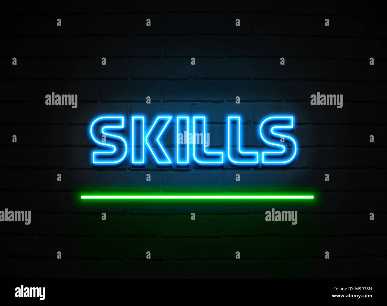 Skills neon sign - Glowing Neon Sign on brickwall wall - 3D rendered ...