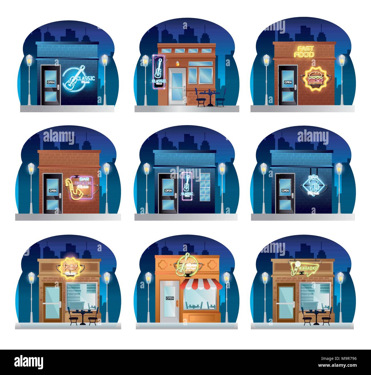 fast food and drinks buildings front with neon lights icons Stock ...