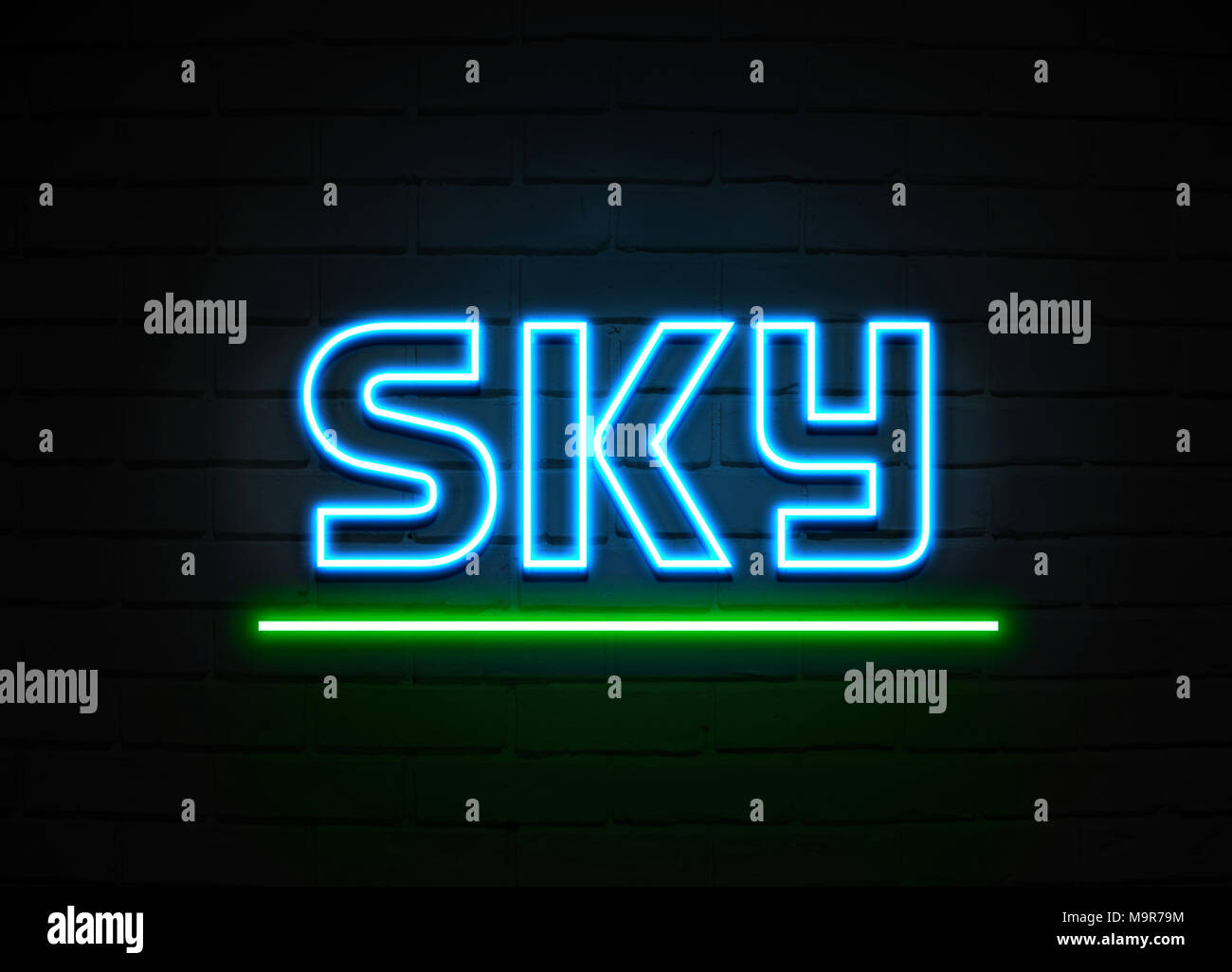 Sky neon sign - Glowing Neon Sign on brickwall wall - 3D rendered ...