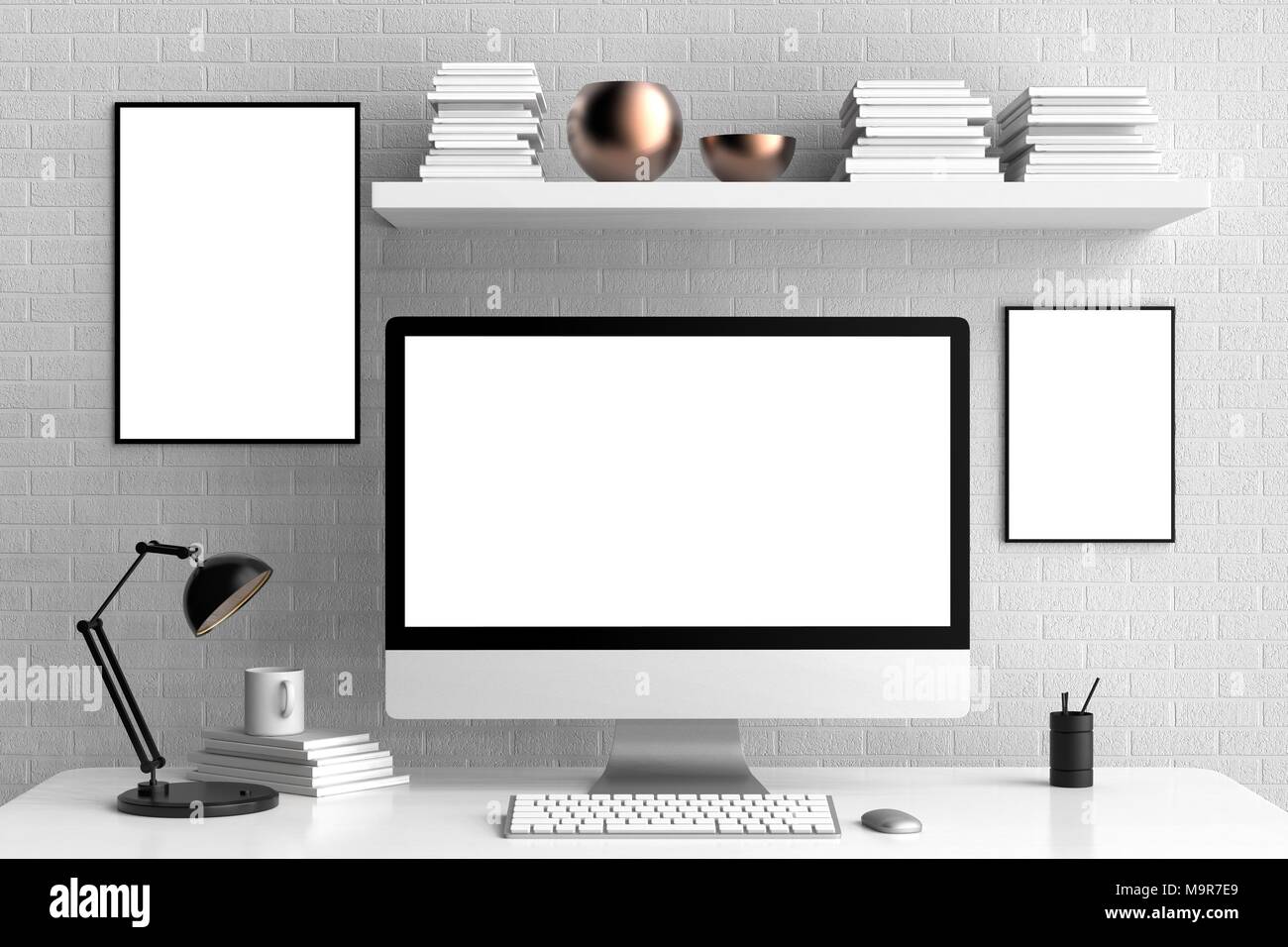 Modern workspace, isolated computer screen and frame mock up. 3D ...