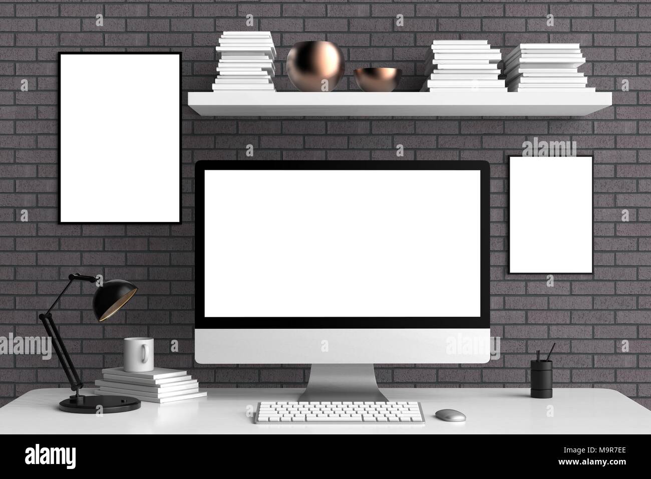 Modern workspace, isolated computer screen and frame mock up. 3D ...