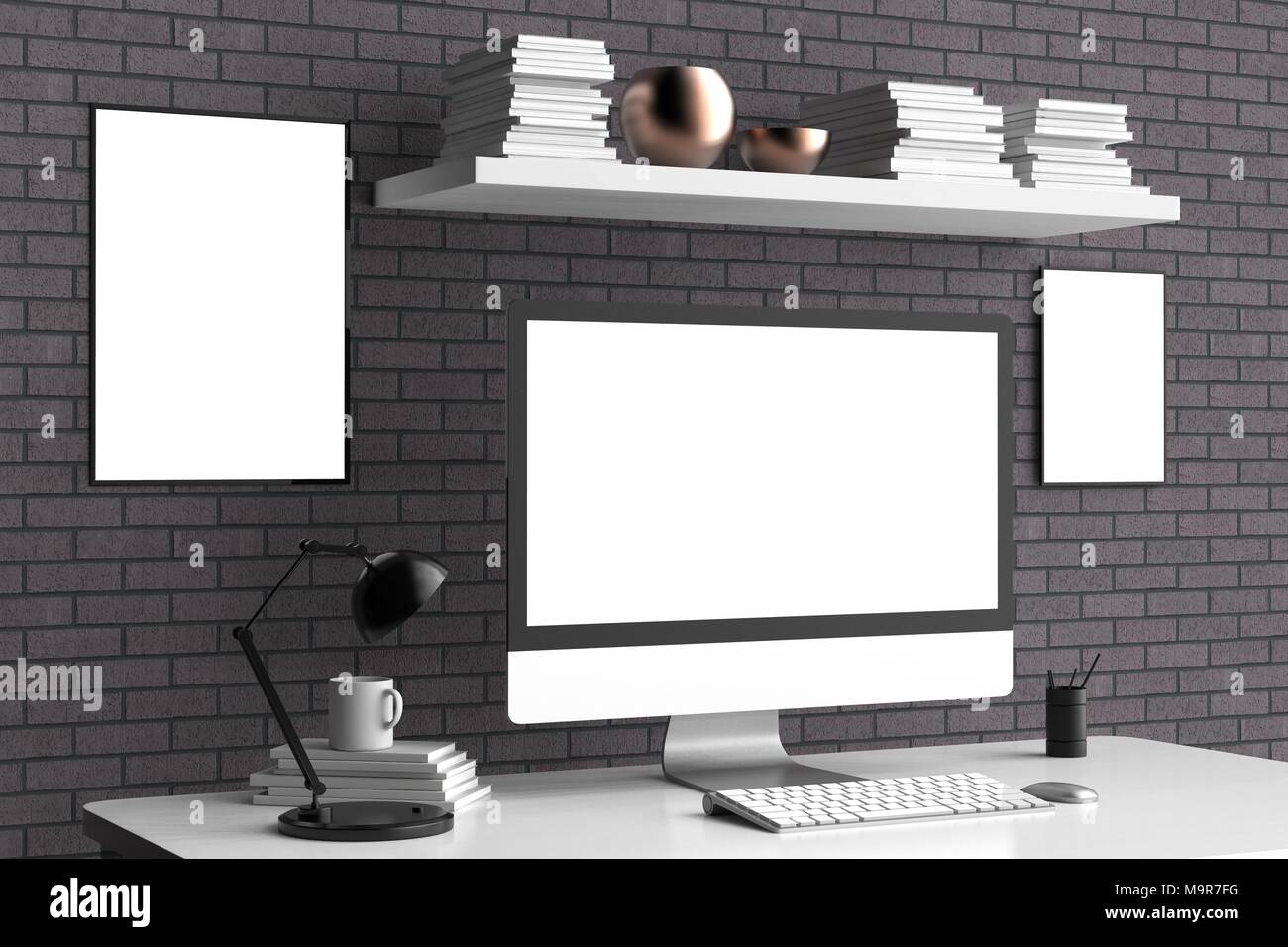 Modern workspace, isolated computer screen and frame mock up. 3D ...
