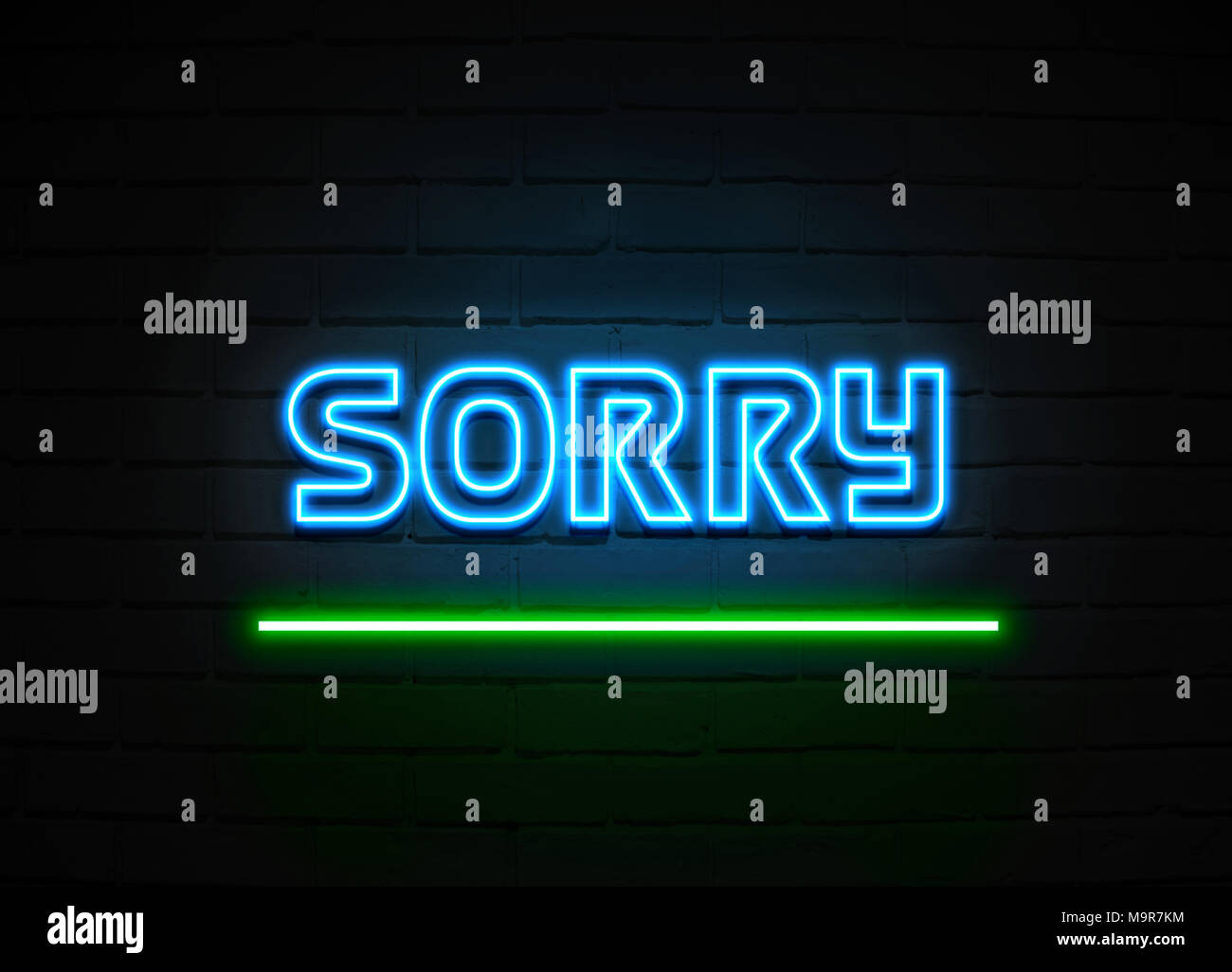 Sorry neon sign - Glowing Neon Sign on brickwall wall - 3D rendered ...