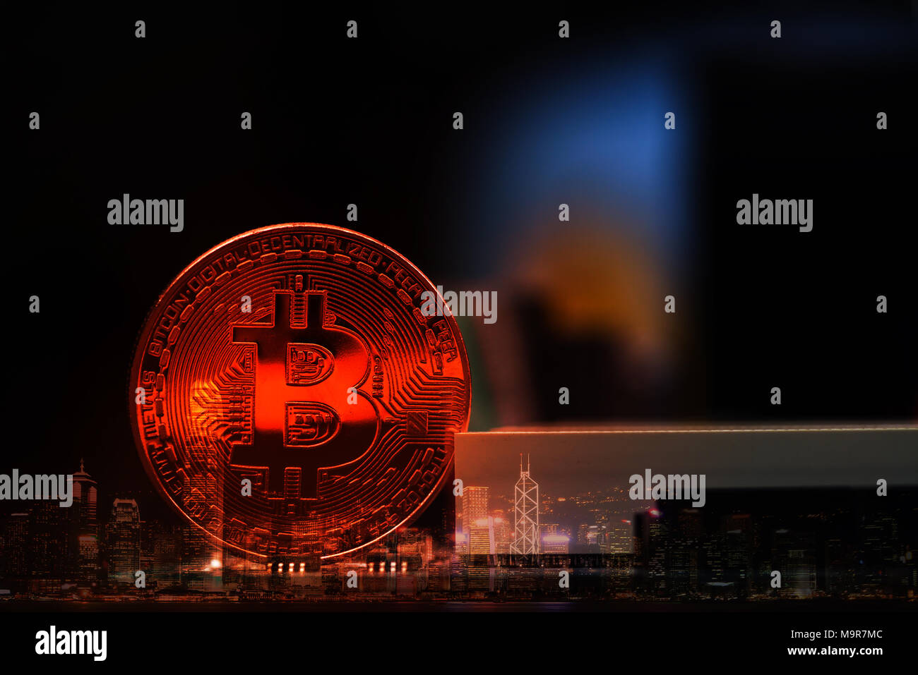 Double exposure of 4bBitcoin digital currency, bit-coin on motherboard ...