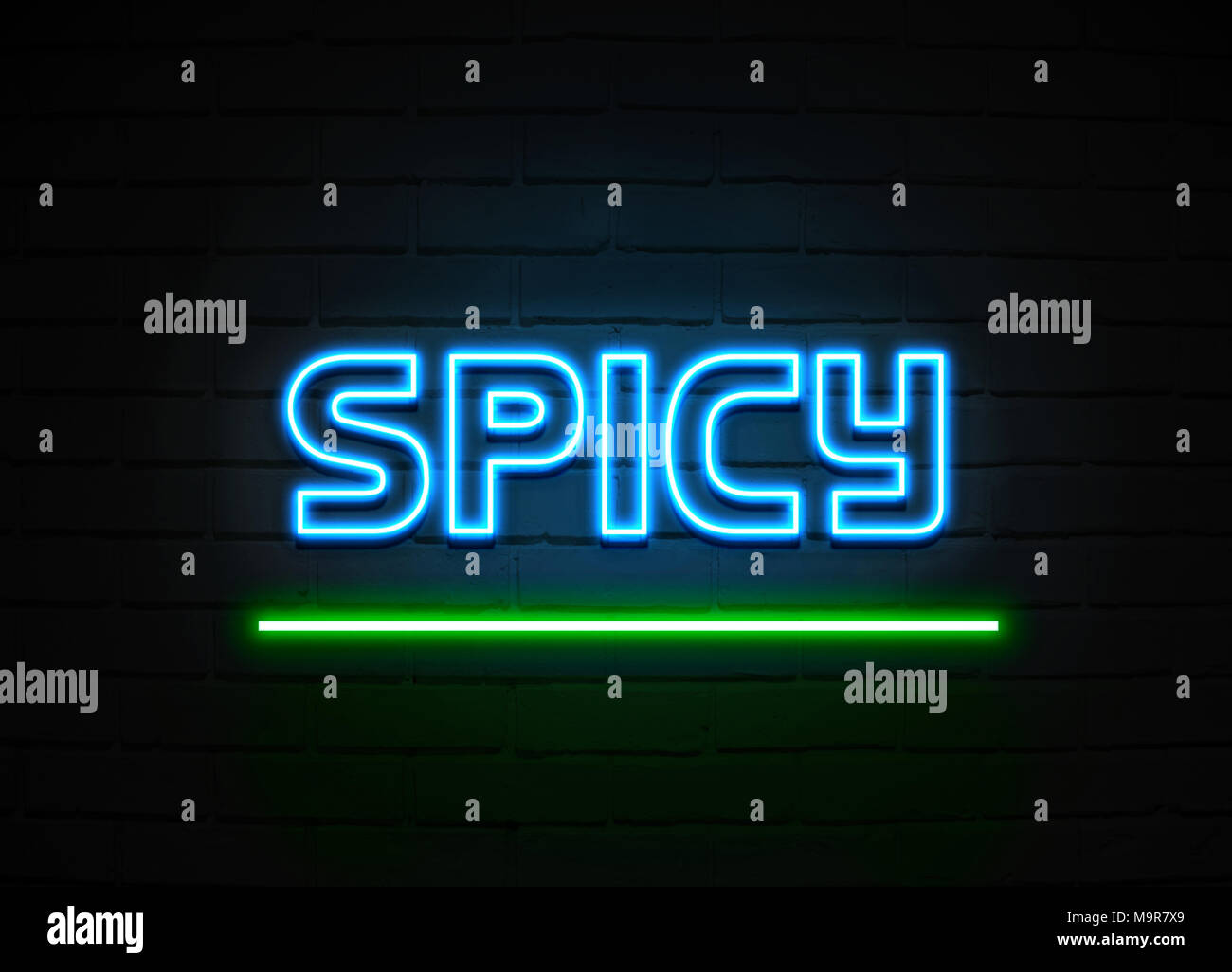Spicy neon sign - Glowing Neon Sign on brickwall wall - 3D rendered ...