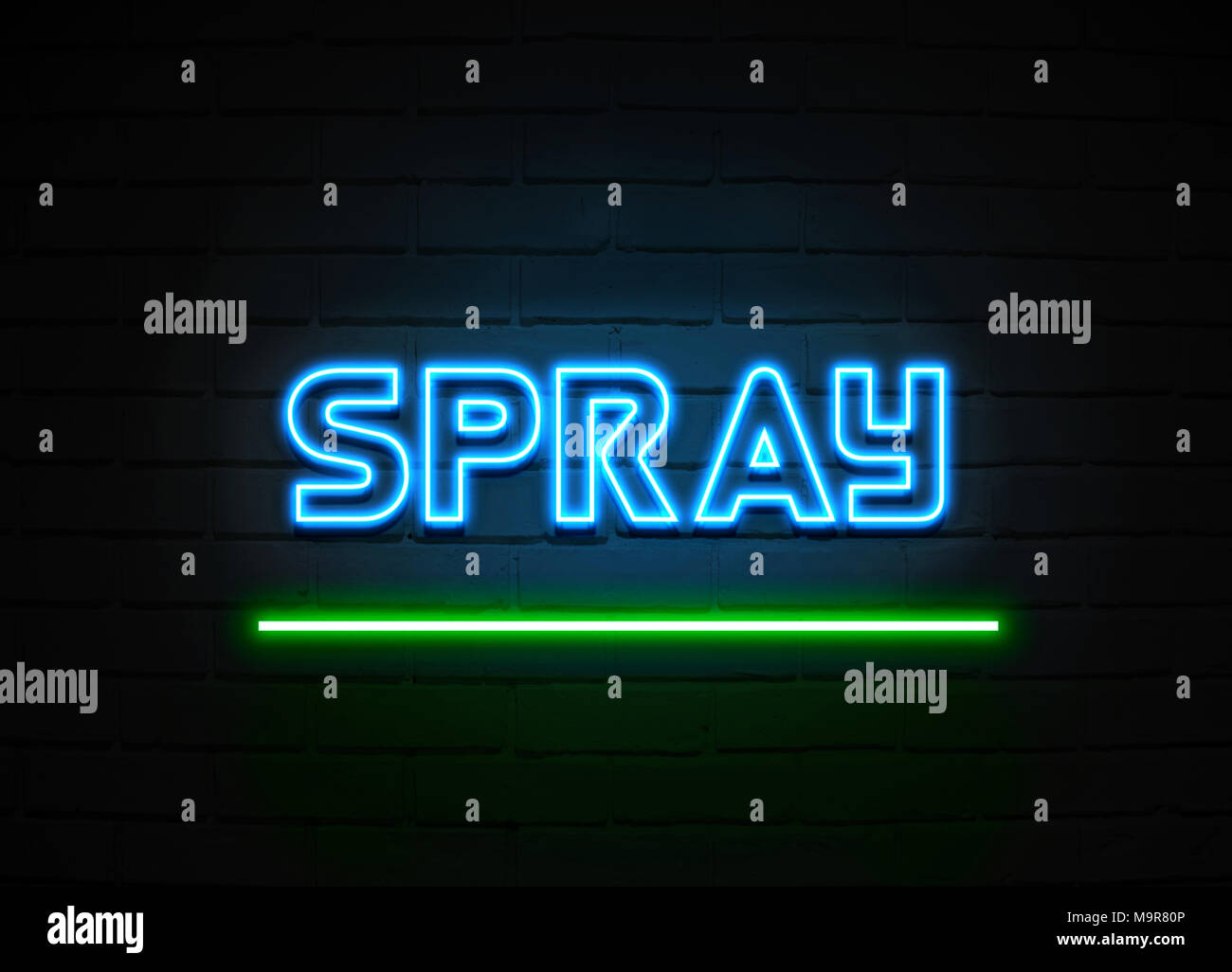 Spray neon sign - Glowing Neon Sign on brickwall wall - 3D rendered ...
