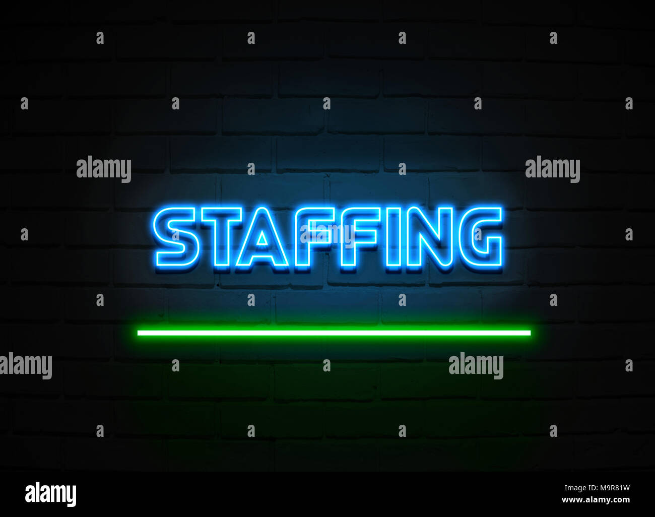 Staffing neon sign - Glowing Neon Sign on brickwall wall - 3D rendered ...