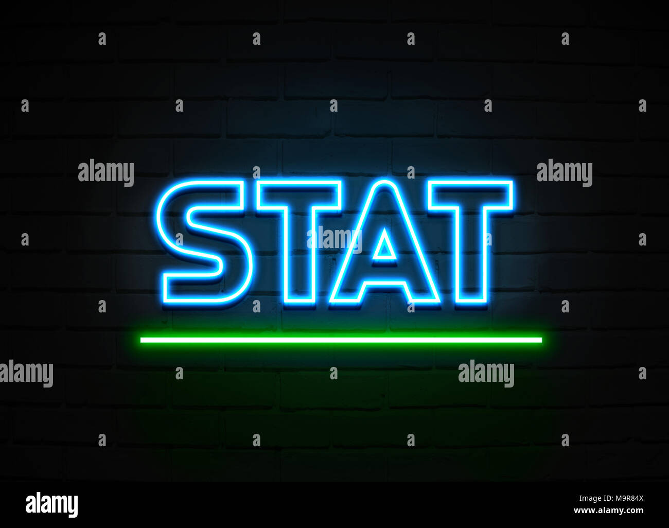 Stat neon sign - Glowing Neon Sign on brickwall wall - 3D rendered ...