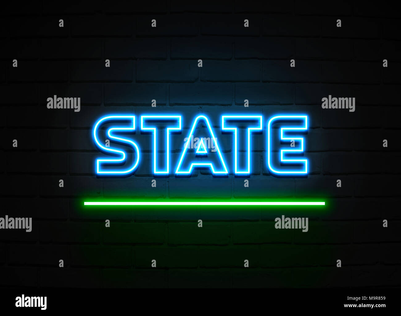 State neon sign - Glowing Neon Sign on brickwall wall - 3D rendered ...