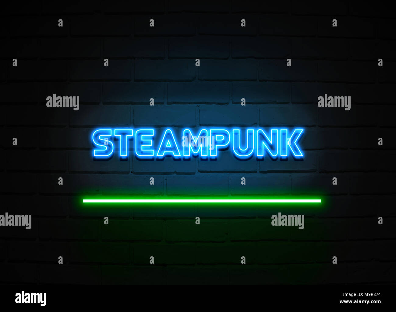 Steampunk neon sign - Glowing Neon Sign on brickwall wall - 3D rendered ...