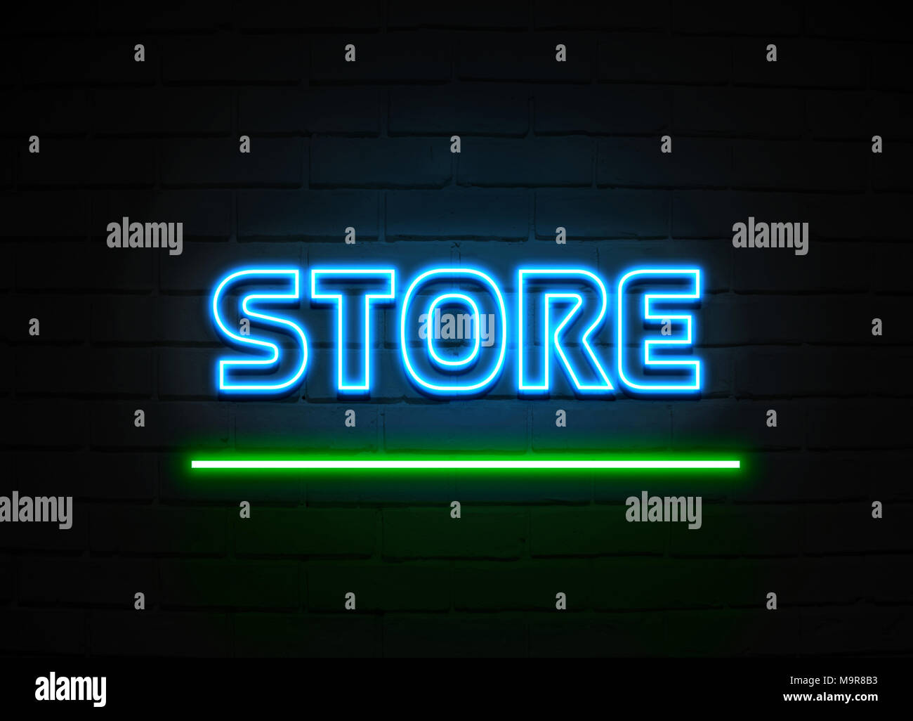 Store neon sign - Glowing Neon Sign on brickwall wall - 3D rendered ...