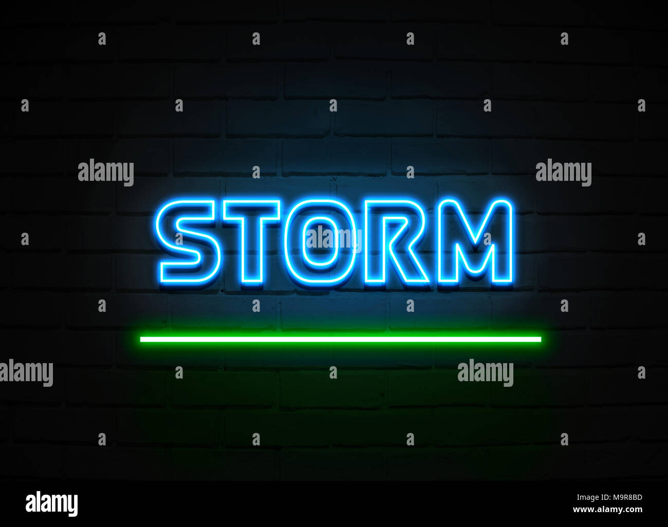 Storm neon sign - Glowing Neon Sign on brickwall wall - 3D rendered ...
