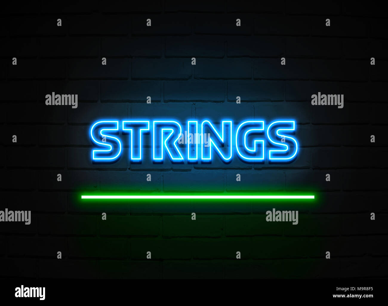 Strings neon sign - Glowing Neon Sign on brickwall wall - 3D rendered ...