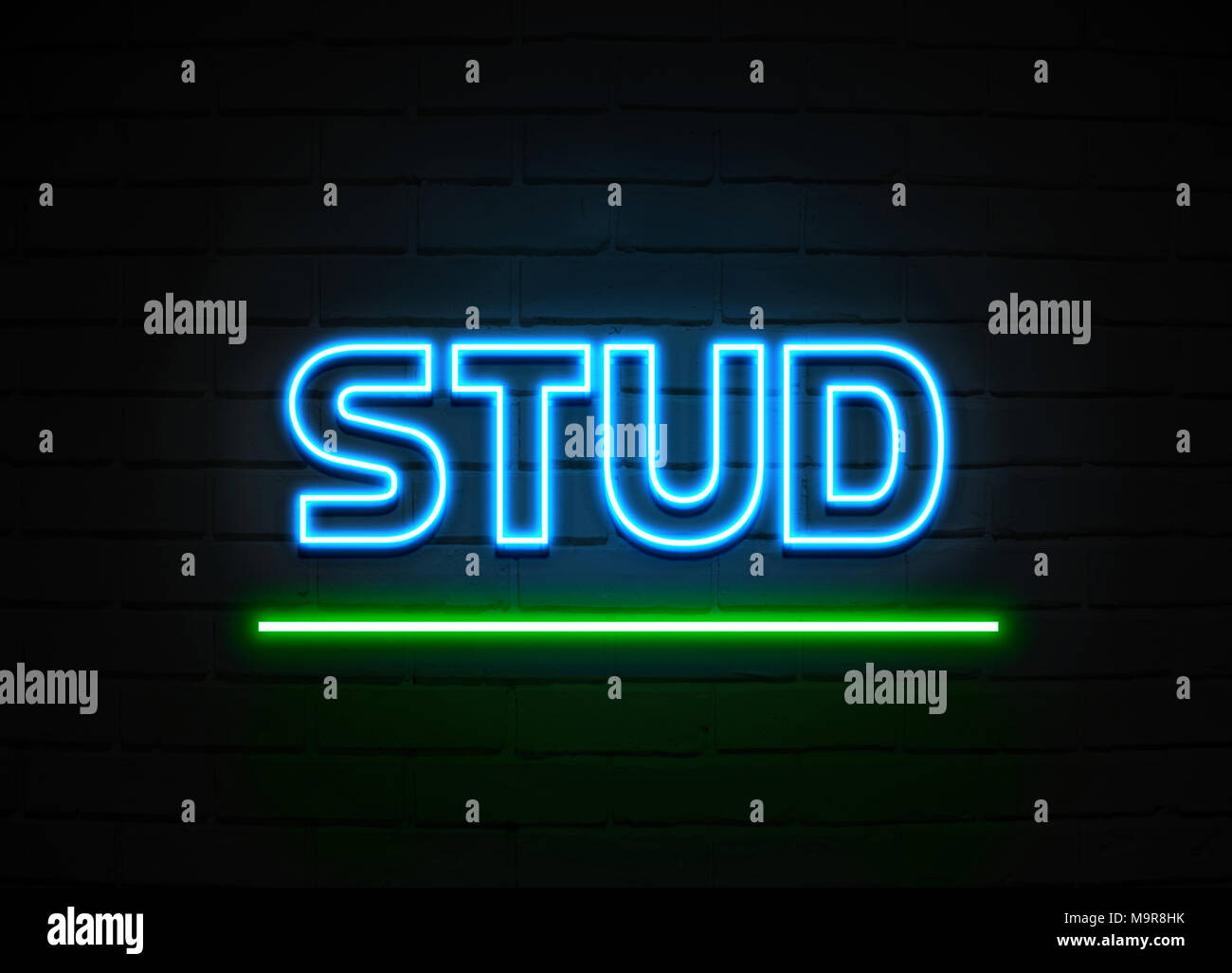 Stud neon sign - Glowing Neon Sign on brickwall wall - 3D rendered ...