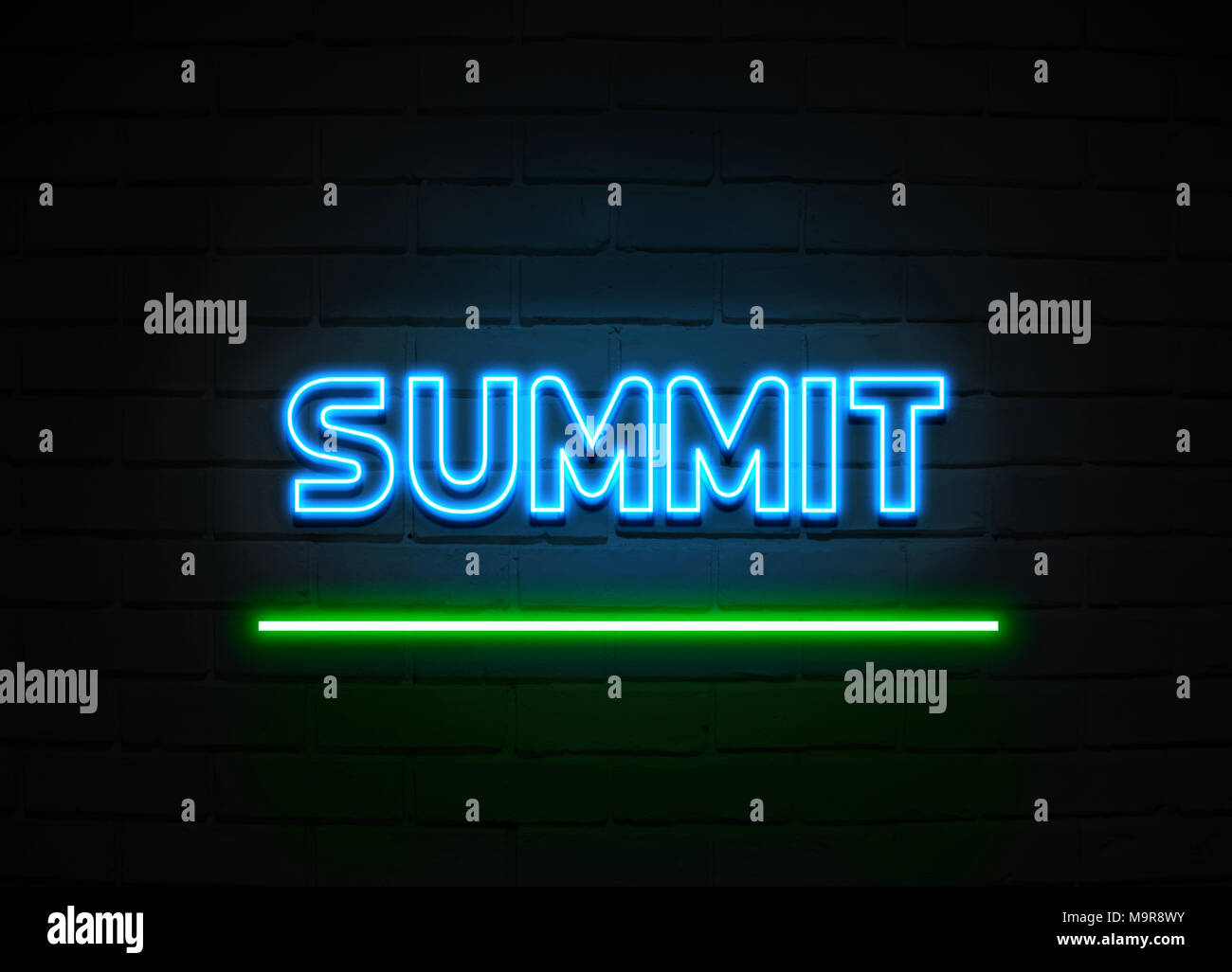 Summit neon sign - Glowing Neon Sign on brickwall wall - 3D rendered ...