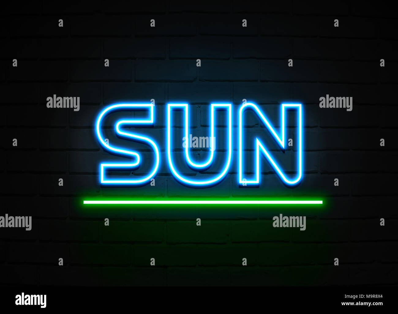 Sun neon sign - Glowing Neon Sign on brickwall wall - 3D rendered ...