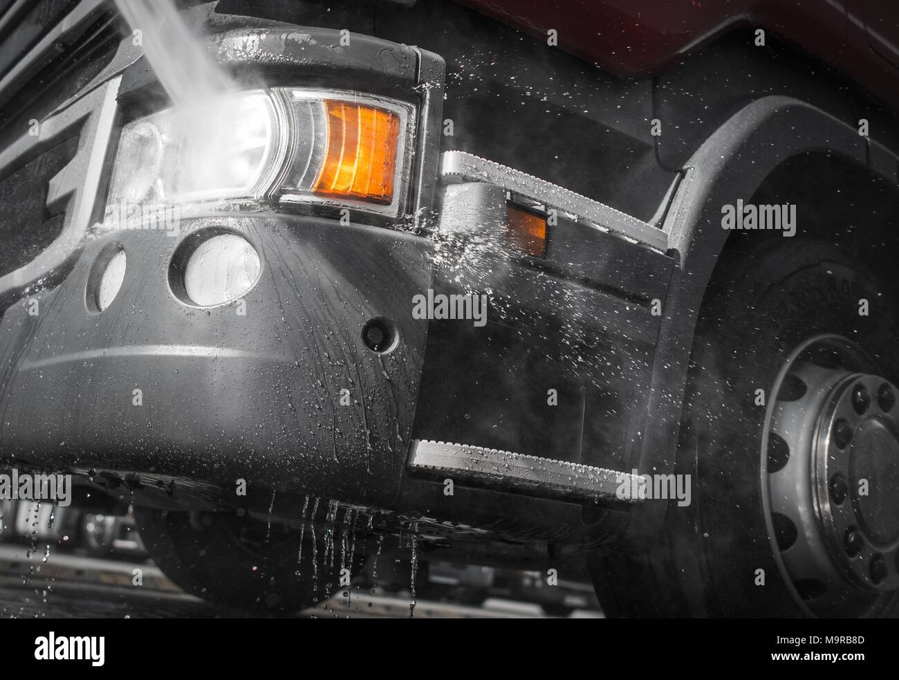 Semi Truck Power Cleaning Closeup Photo. High Pressure Water Jet ...