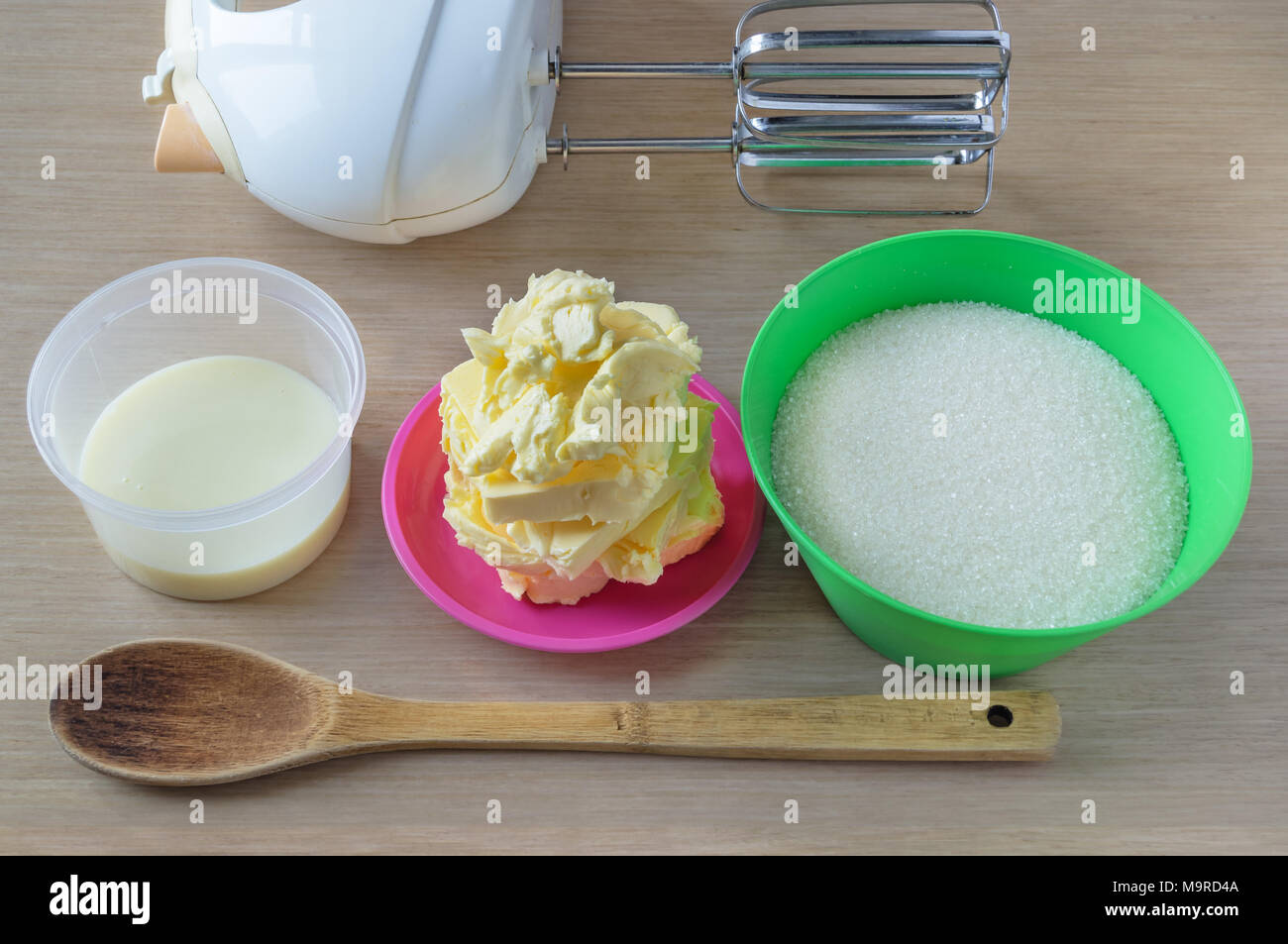Set of the ingredients and item and tools for a making dough or cream ...