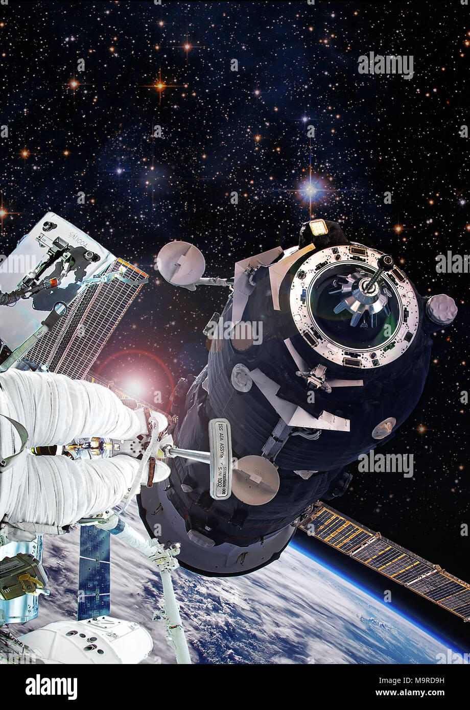 Astronaut in space walk on Soyuz orbital spacecraft, artist expression ...