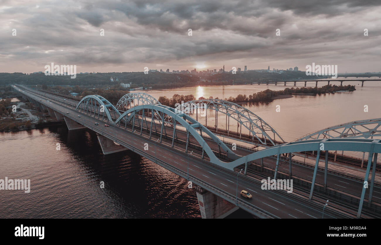 Automobile and railroad bridge in Kiev, the capital of Ukraine. Bridge ...