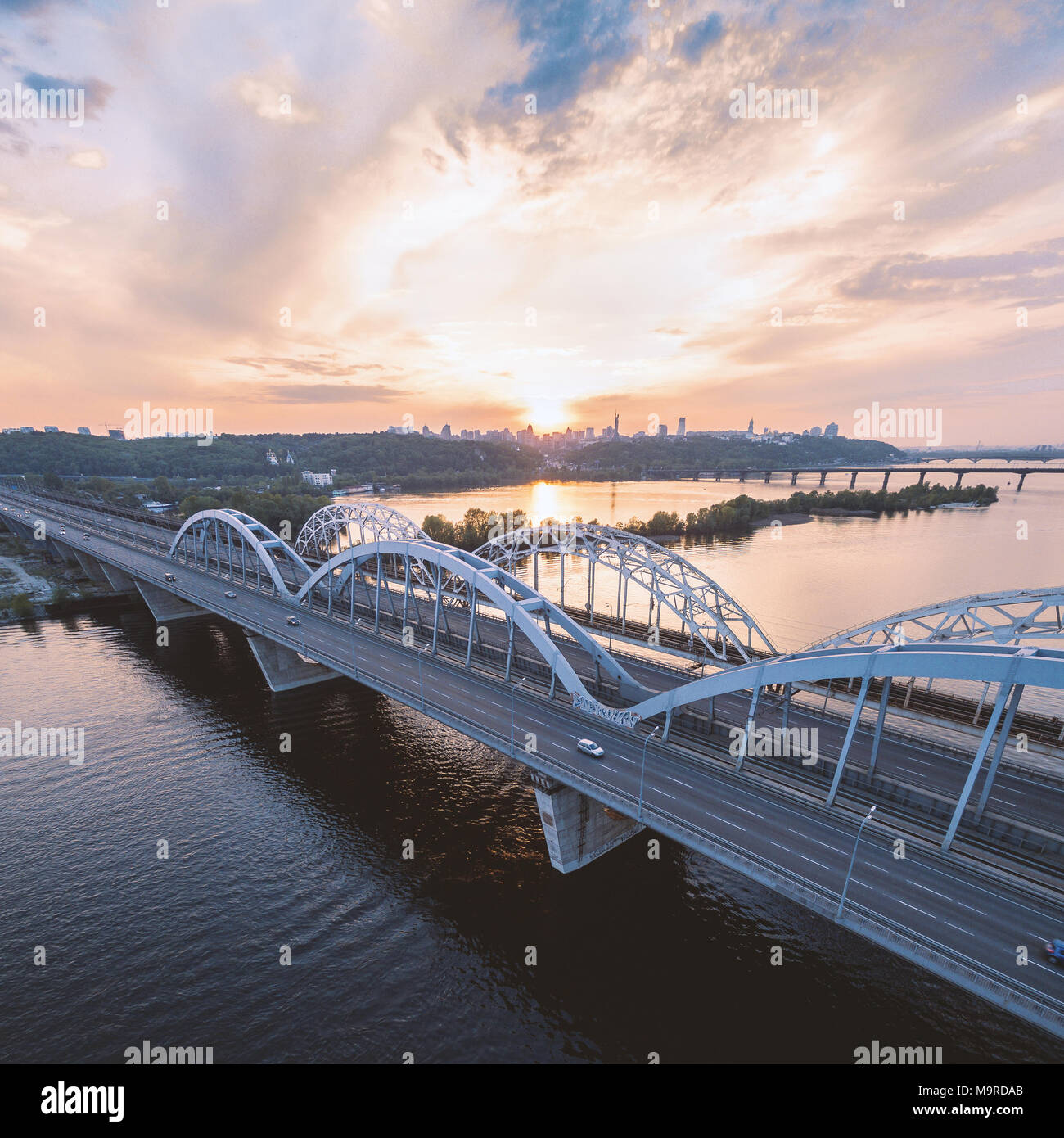 Automobile and railroad bridge in Kiev, the capital of Ukraine. Bridge ...