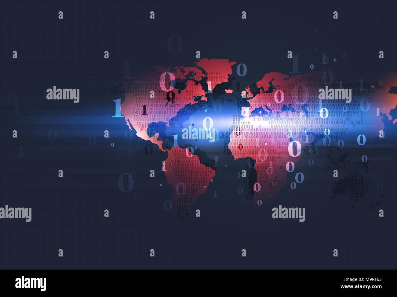 abstract technology binary code and world map on dark background Stock ...