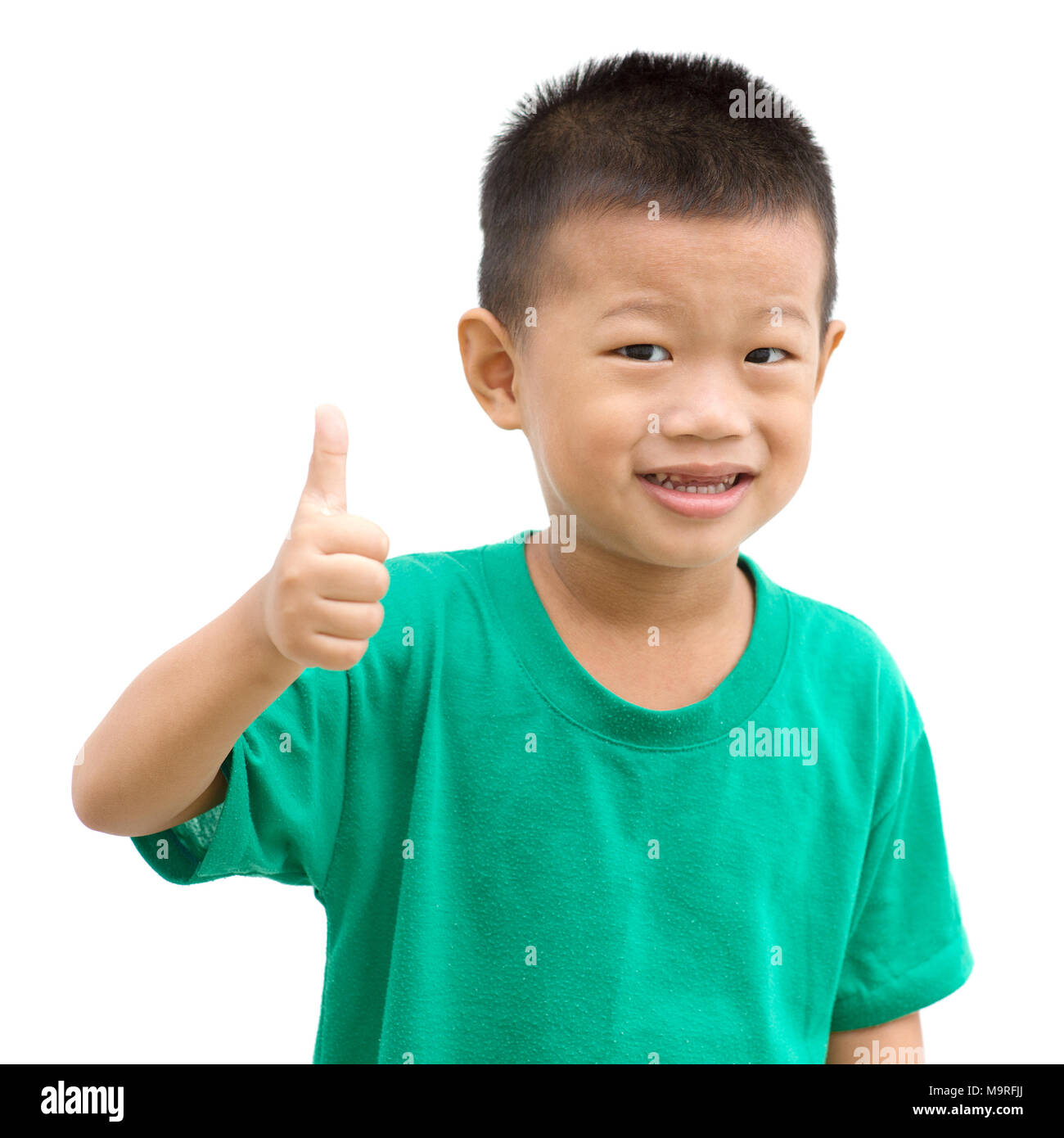 Asian child giving thumb up. Portrait of young boy isolated on white ...