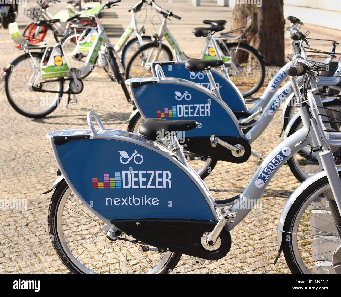 Bicycles to rent are pictured in central Berlin on March 03, 2018 ...