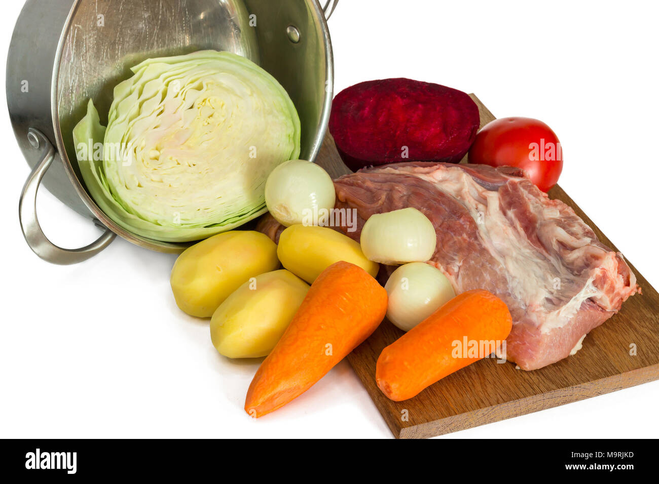fresh vegetables with raw meet composition isolated on white Stock ...