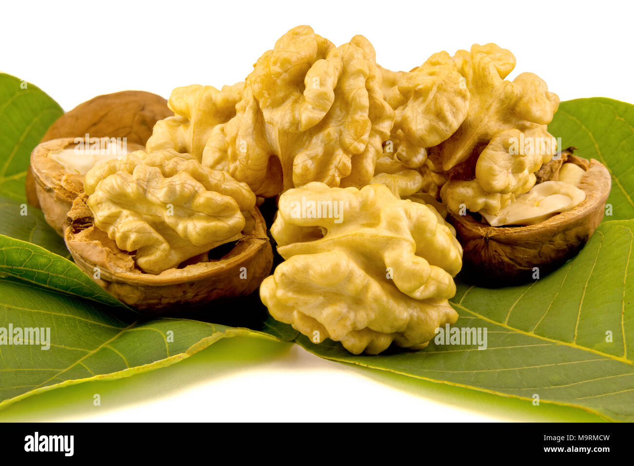 Peeled walnuts close-up. Isolate the core of leaves and shells of ...