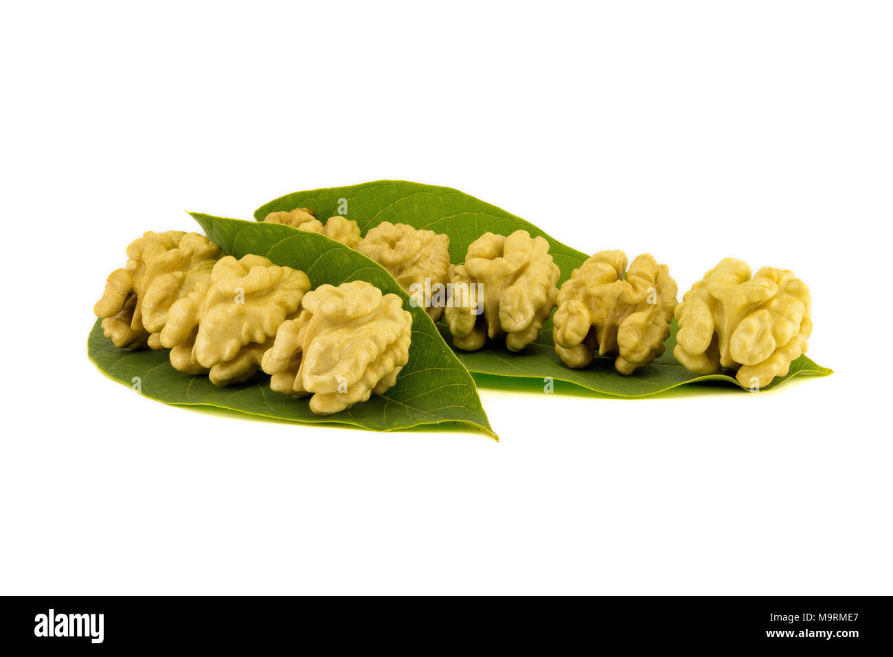 walnut macro isolate on a white background. Peeled nuts and shell close ...