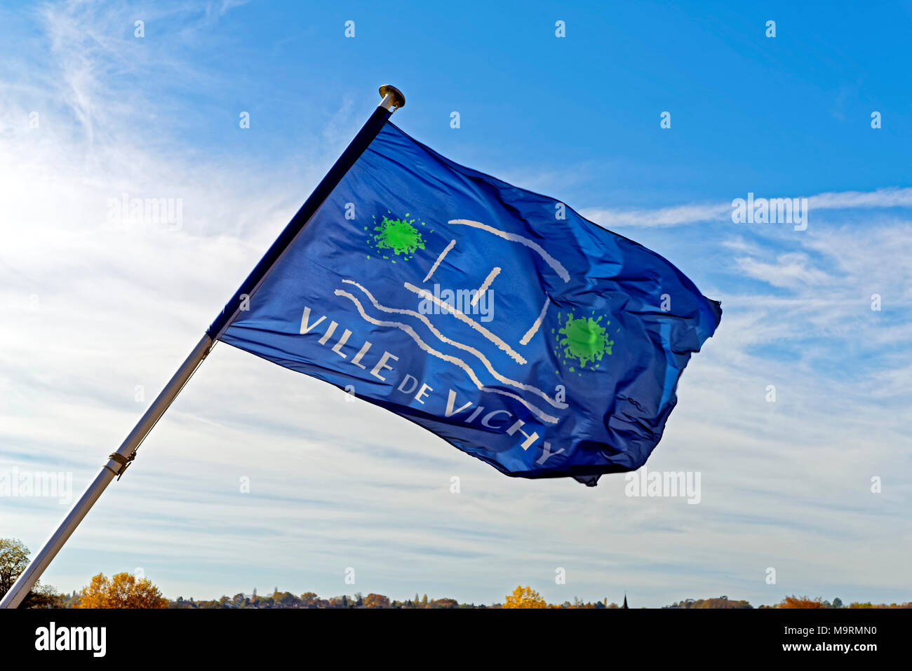 Europe, France, Auvergne, Vichy, Pont de Bellerive, flag Ville de Vichy ...