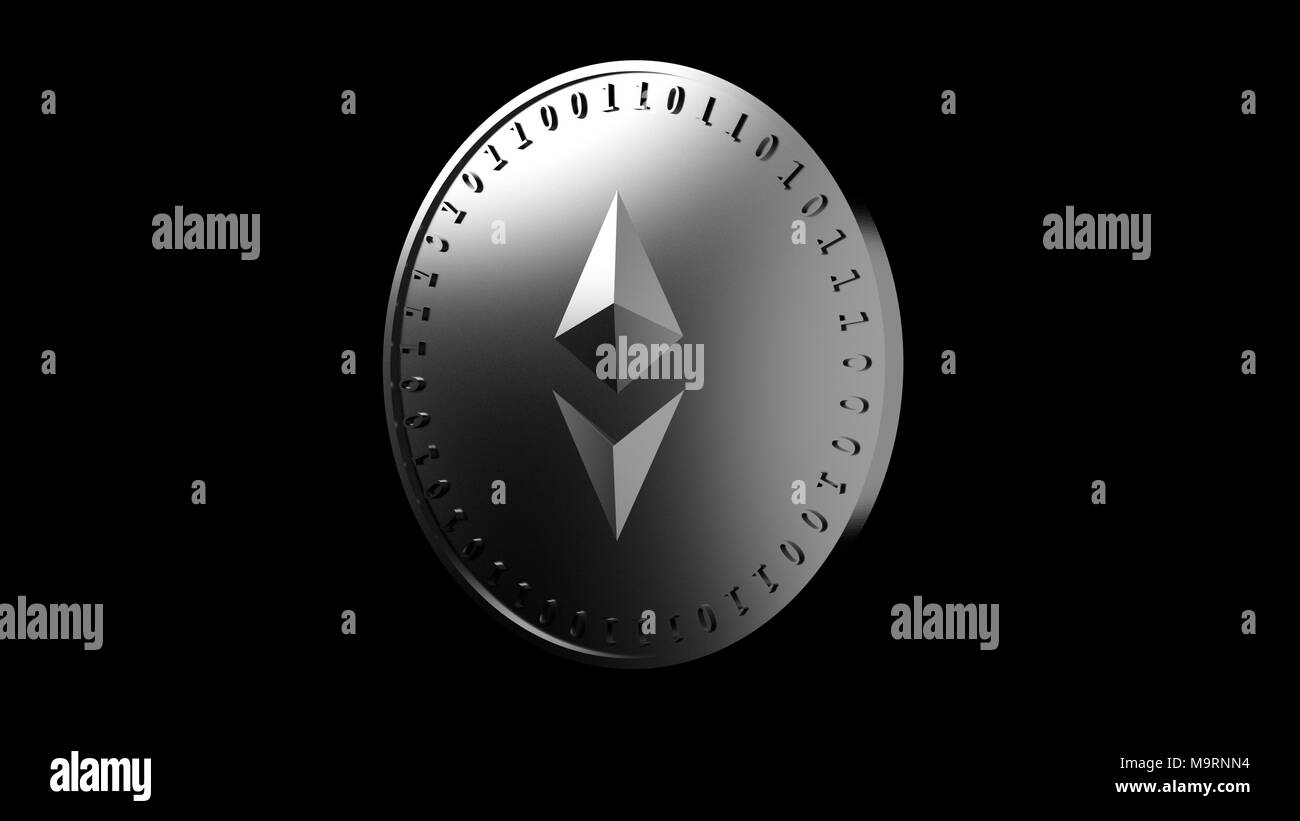 Silver coin with the symbol of the digital crypto currency Ethereum and binary code, isolate on ...