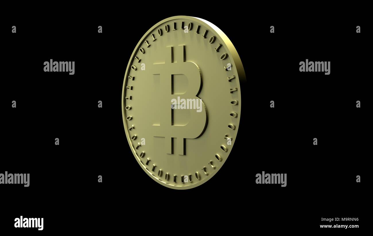 Gold coin with the symbol of digital crypto currency Bitcoin and binary code is isolated on a ...