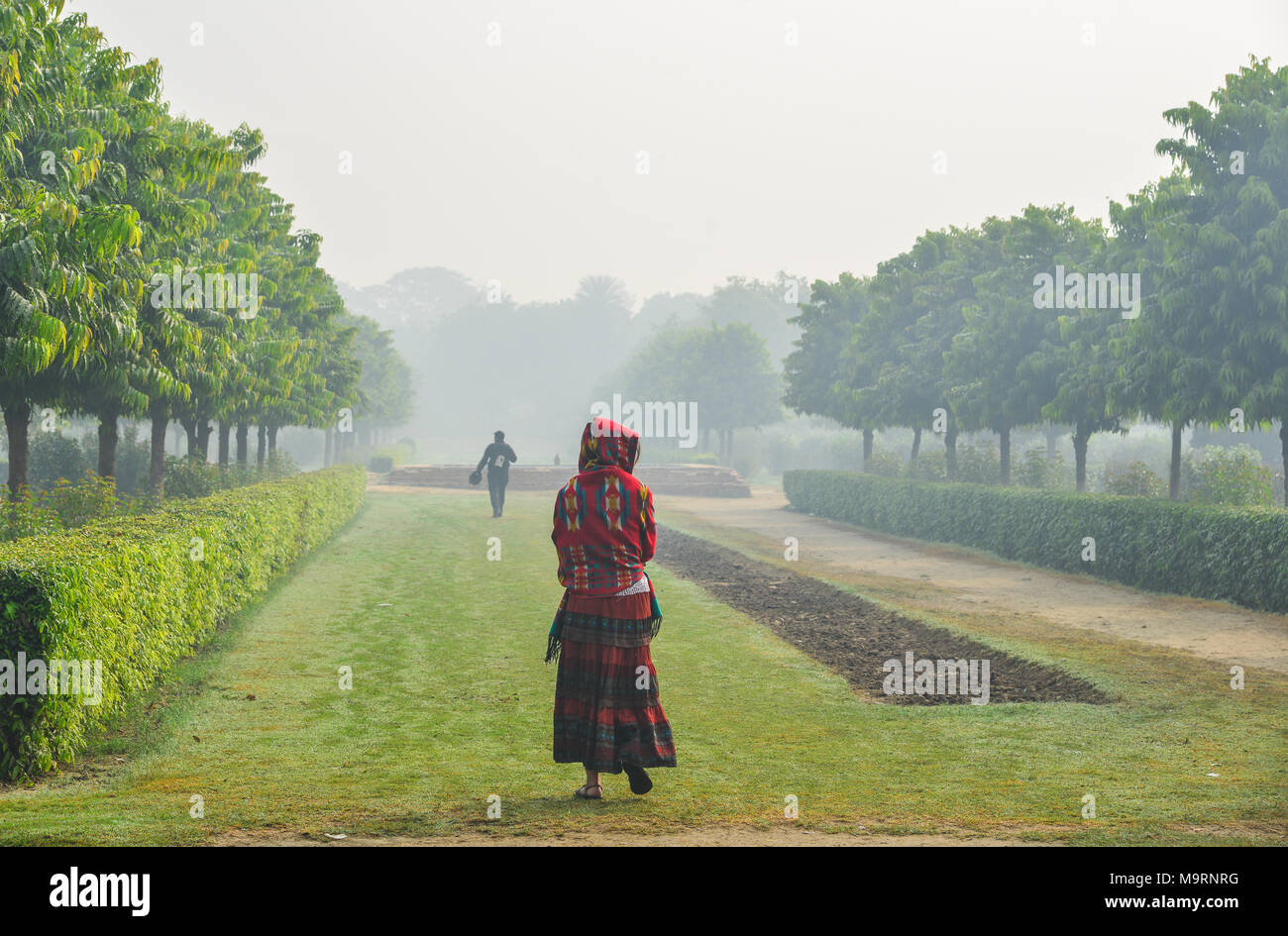 A woman in traditional saree walking at green park in early morning ...