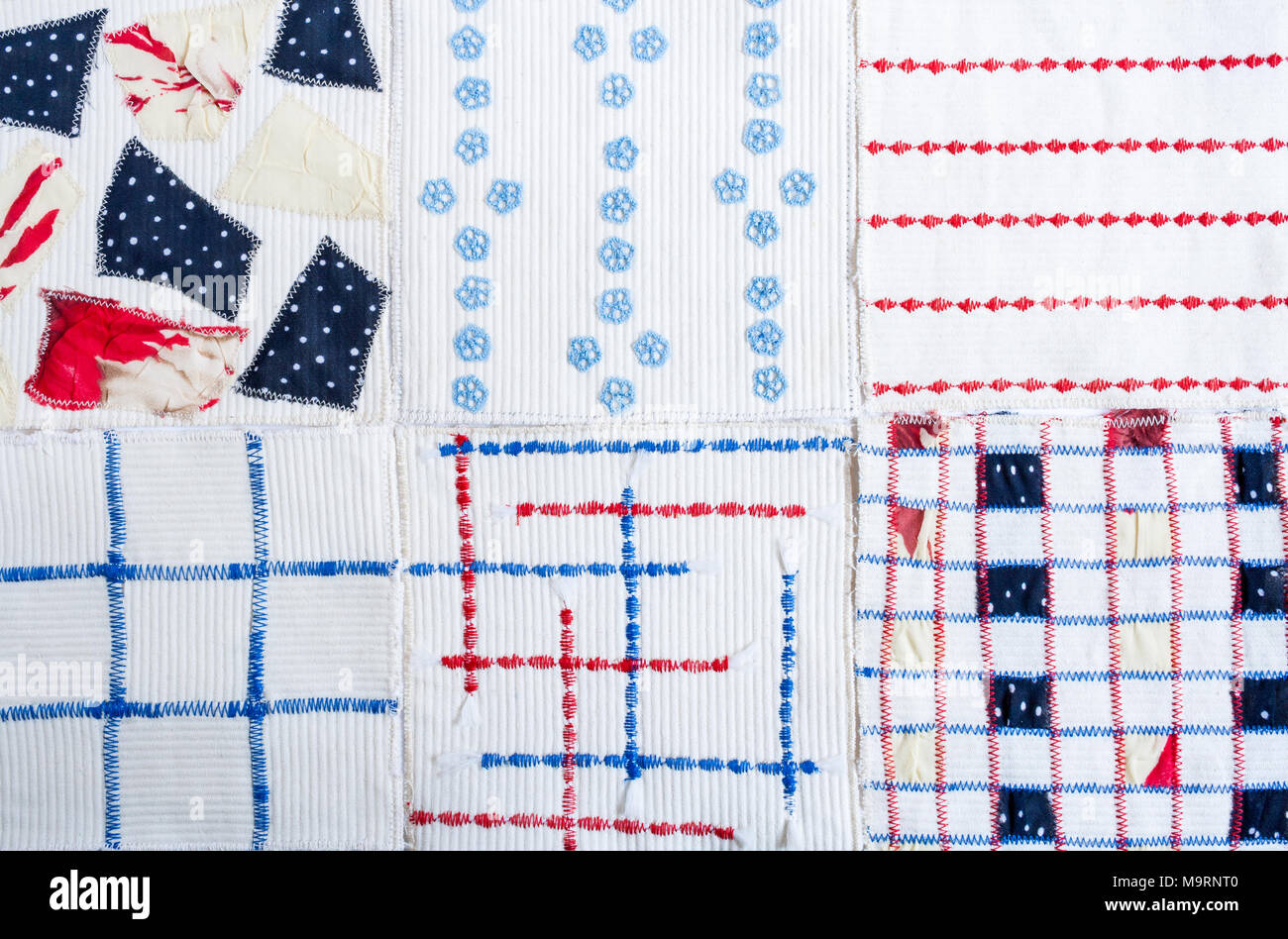 Textile colorful background from six square samples of hand-made ...