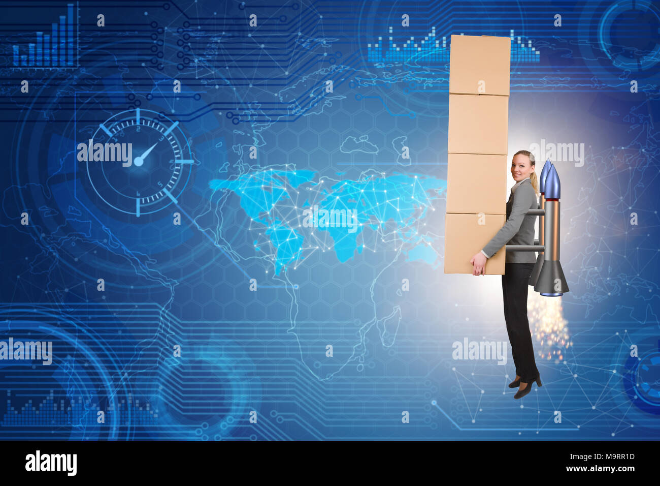 Woman flying jetpack and delivering boxes globally Stock Photo - Alamy