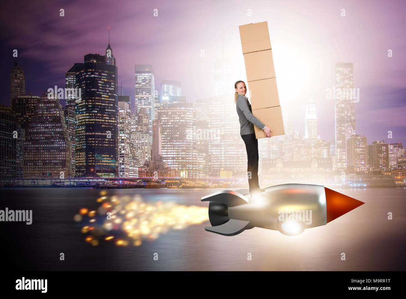 Woman flying rocket and delivering boxes Stock Photo - Alamy