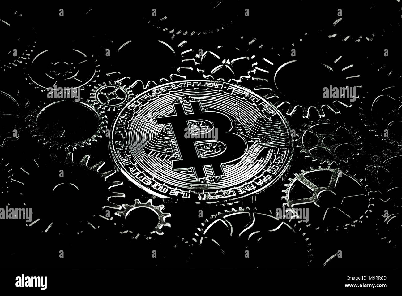 Bitcoin glowing in the middle of cog wheels digital Illustration ...