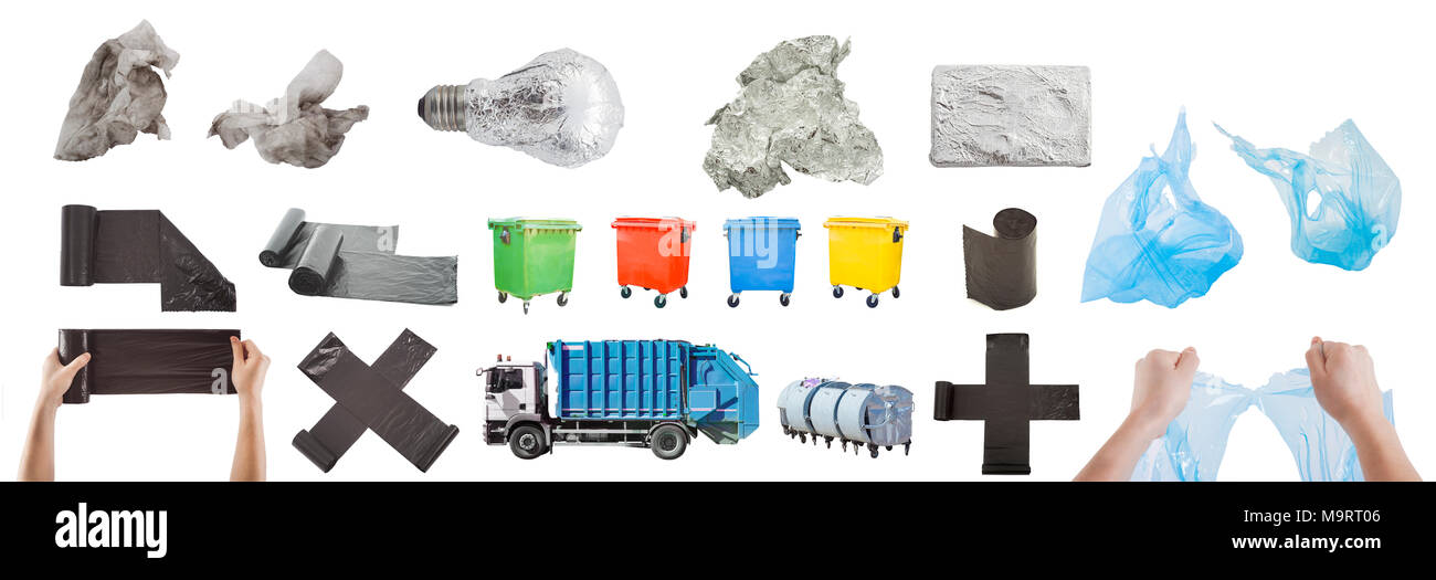 items for recycle bin set with garbage isolated on white Stock Photo ...