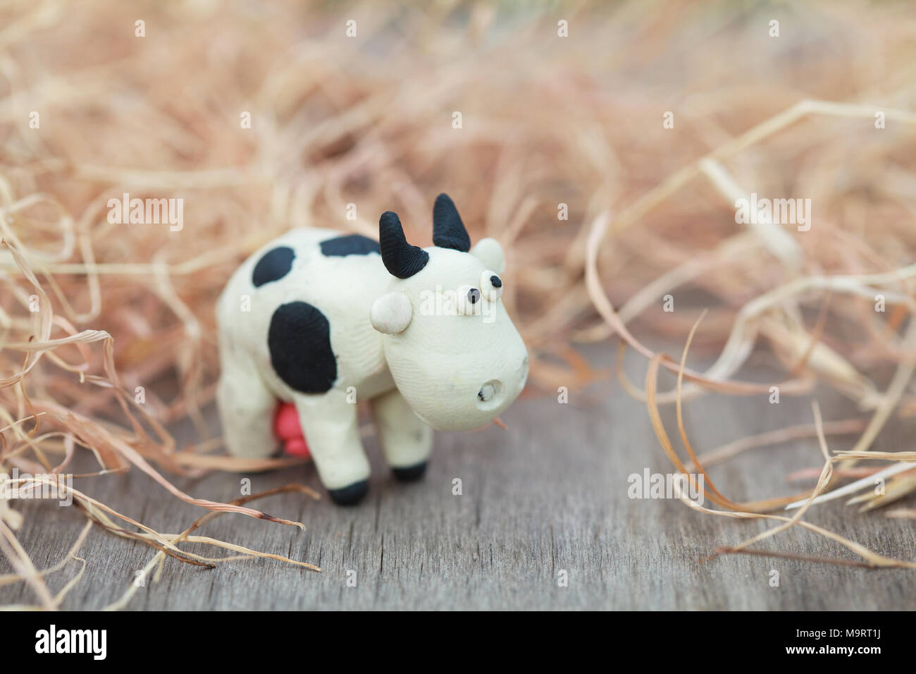 Plasticine world - little homemade black-and-white cow stands on a farm ...