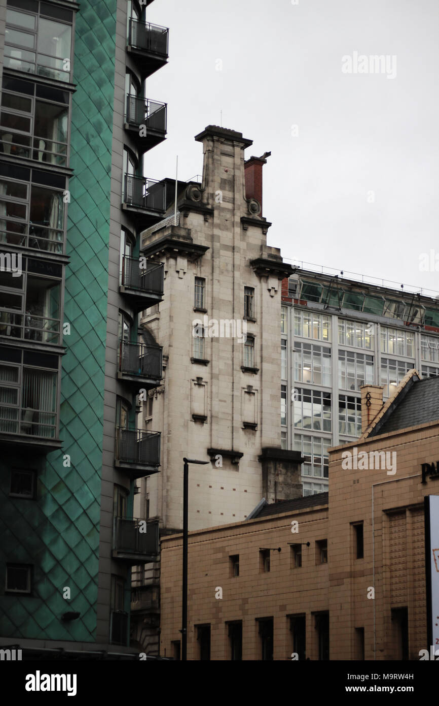 Lower view of three buildings in Manchester City Centre Stock Photo - Alamy