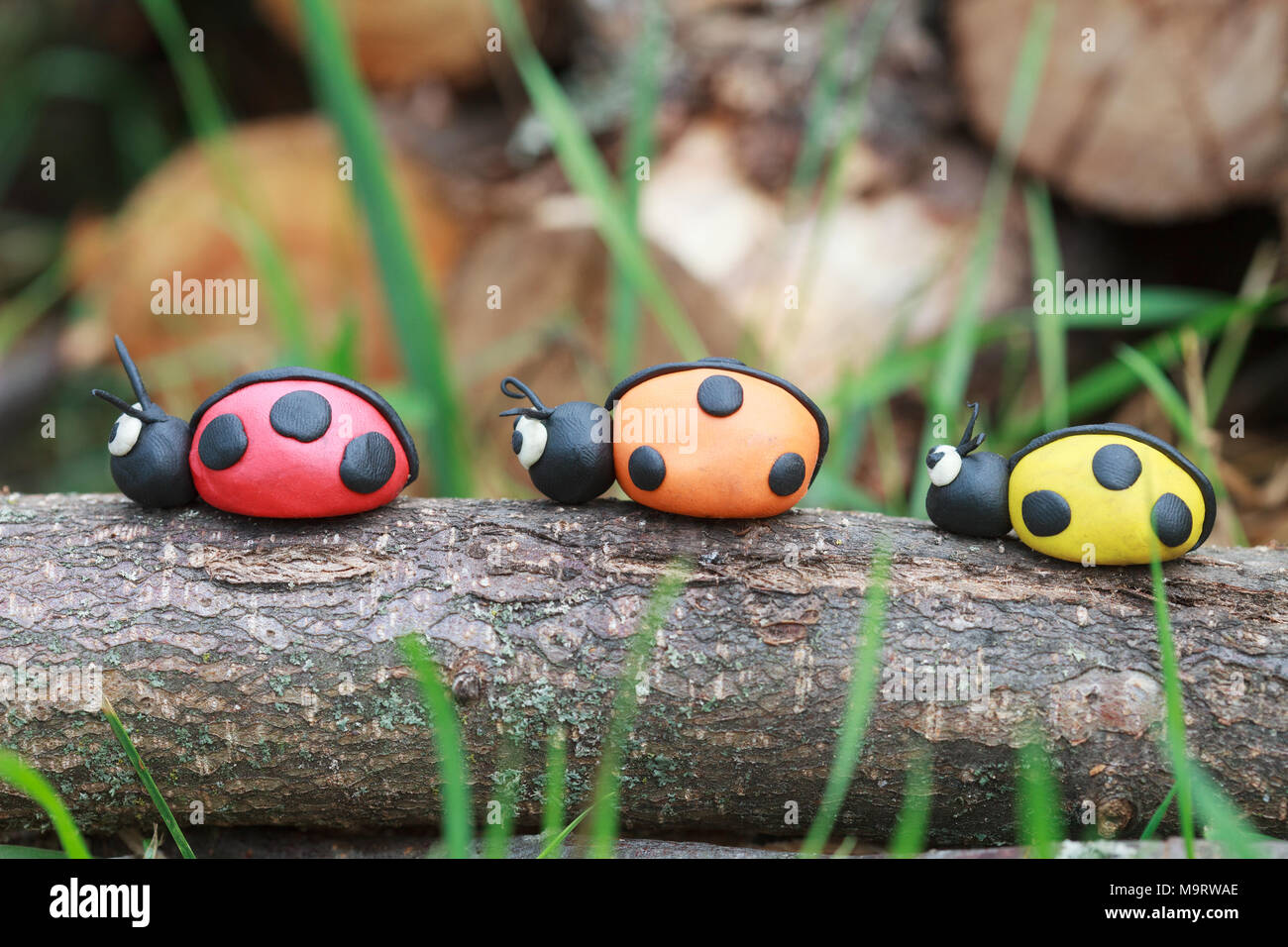 Plasticine world - three little homemade colorful ladybirds crawling on ...