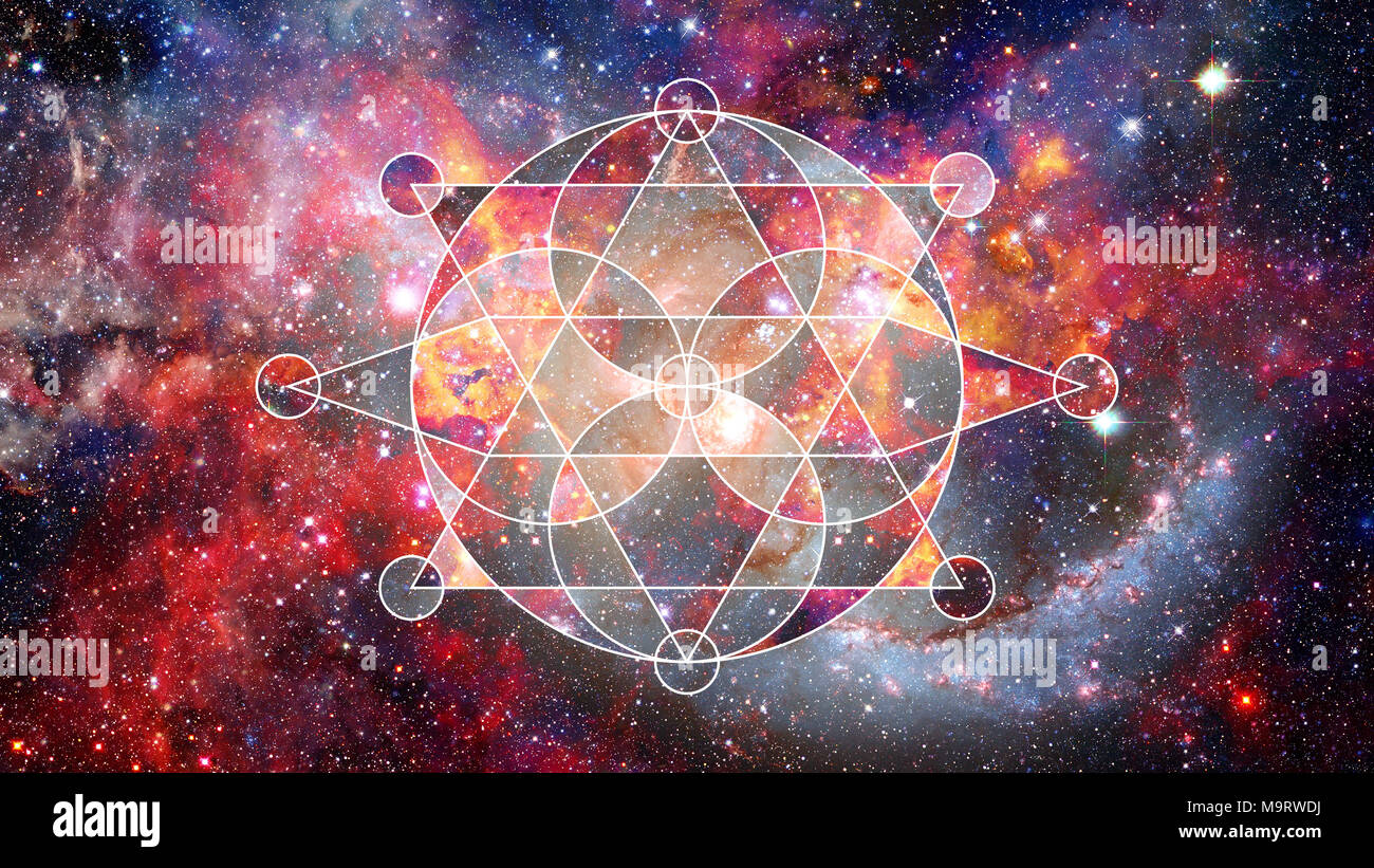 Abstract cosmos geometric background with polygons, triangles, stars ...