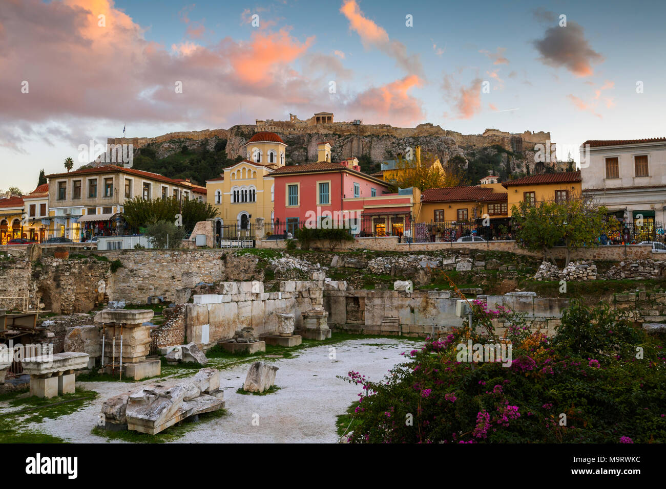 Remains of Hadrian's Library and Acropolis in the old town of Athens ...