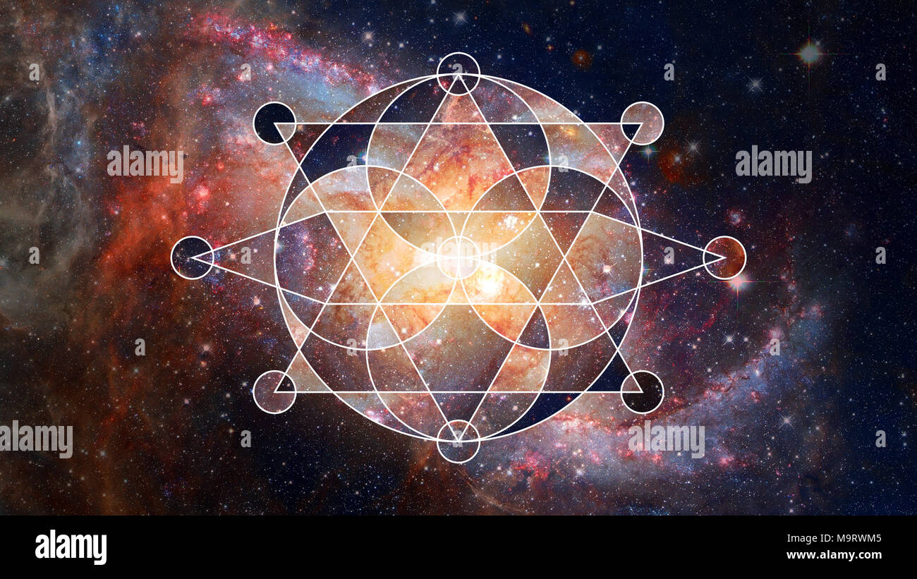 Abstract cosmos geometric background with polygons, triangles, stars ...