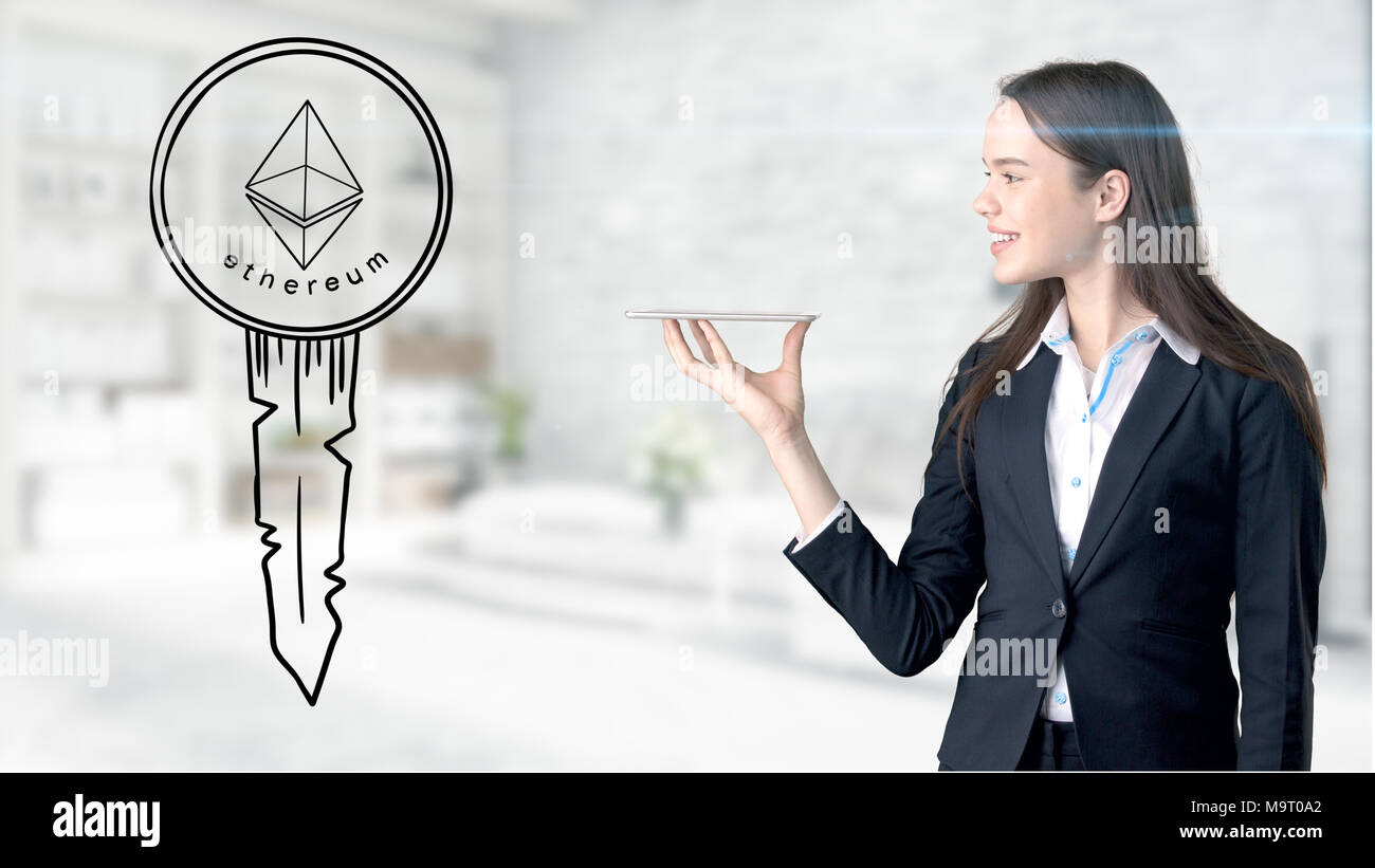 Ethereum sketch with young businesswoman in a suit with longhair and ...