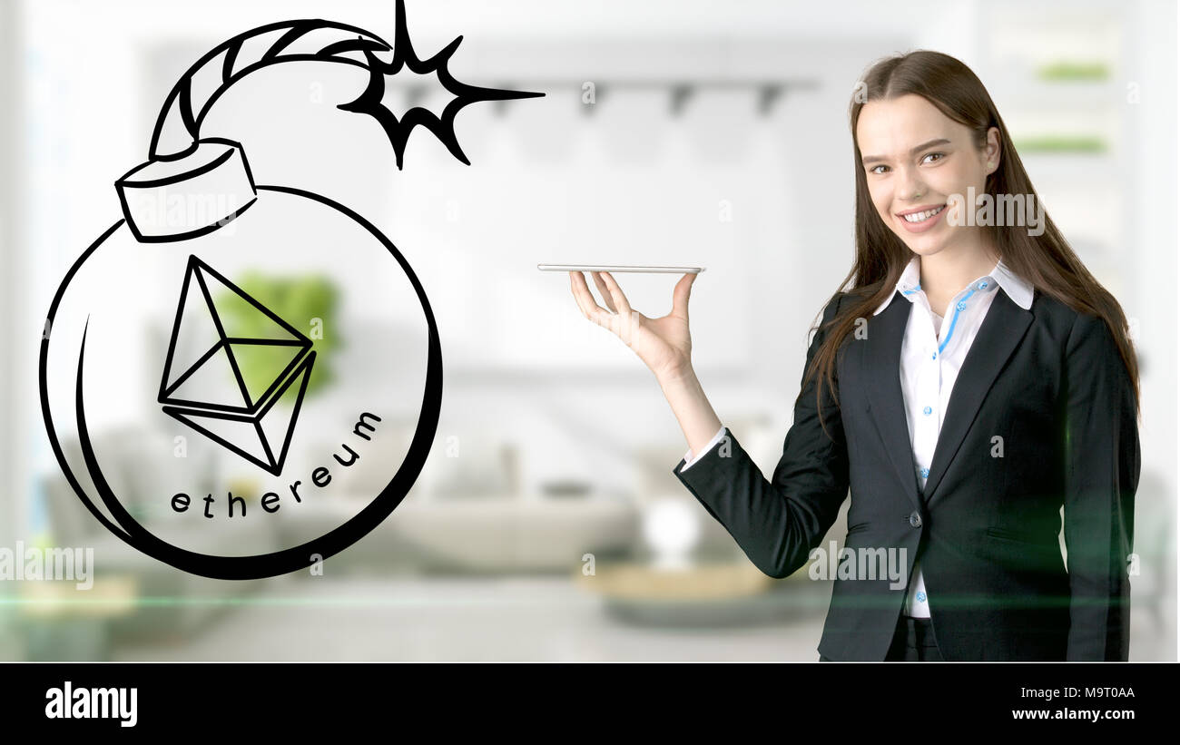 Ethereum sketch with young businesswoman in a suit with longhair and ...
